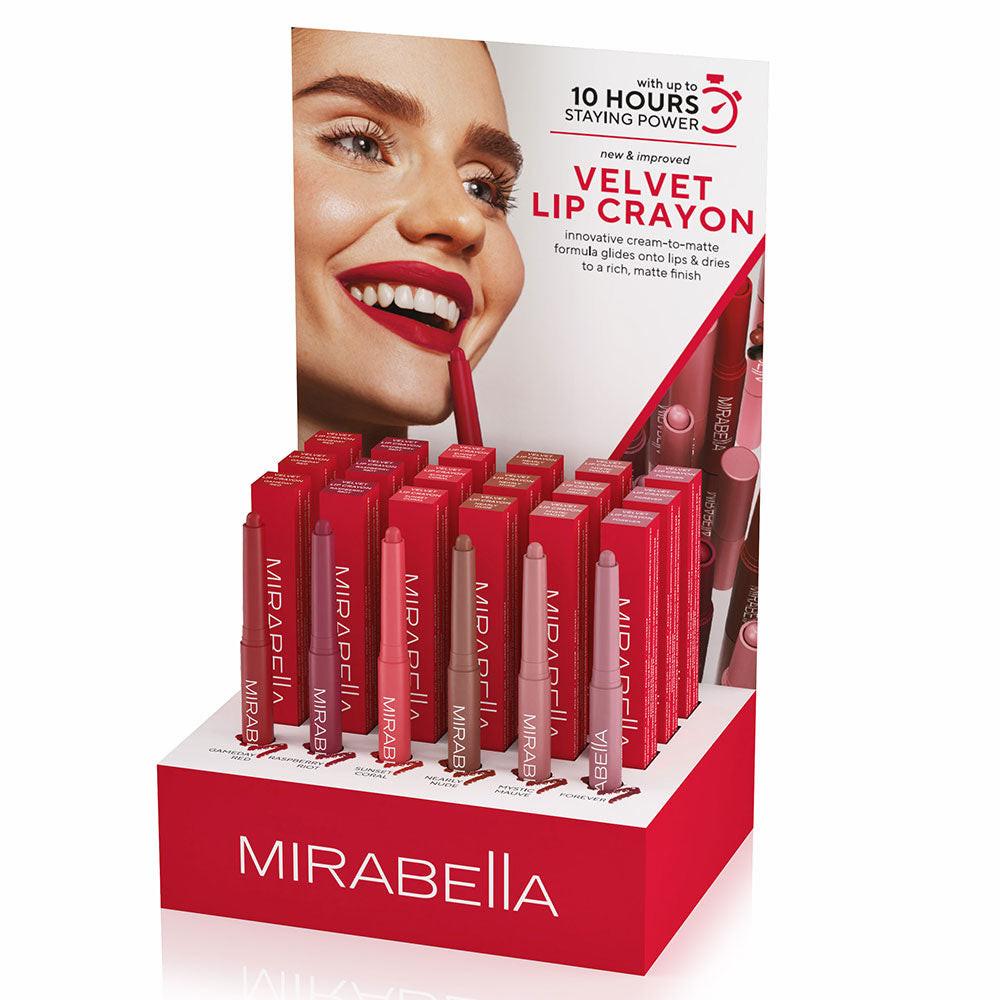 Mirabella Velvet Lip Crayon Display: 6 Shades + Testers for Bold Color